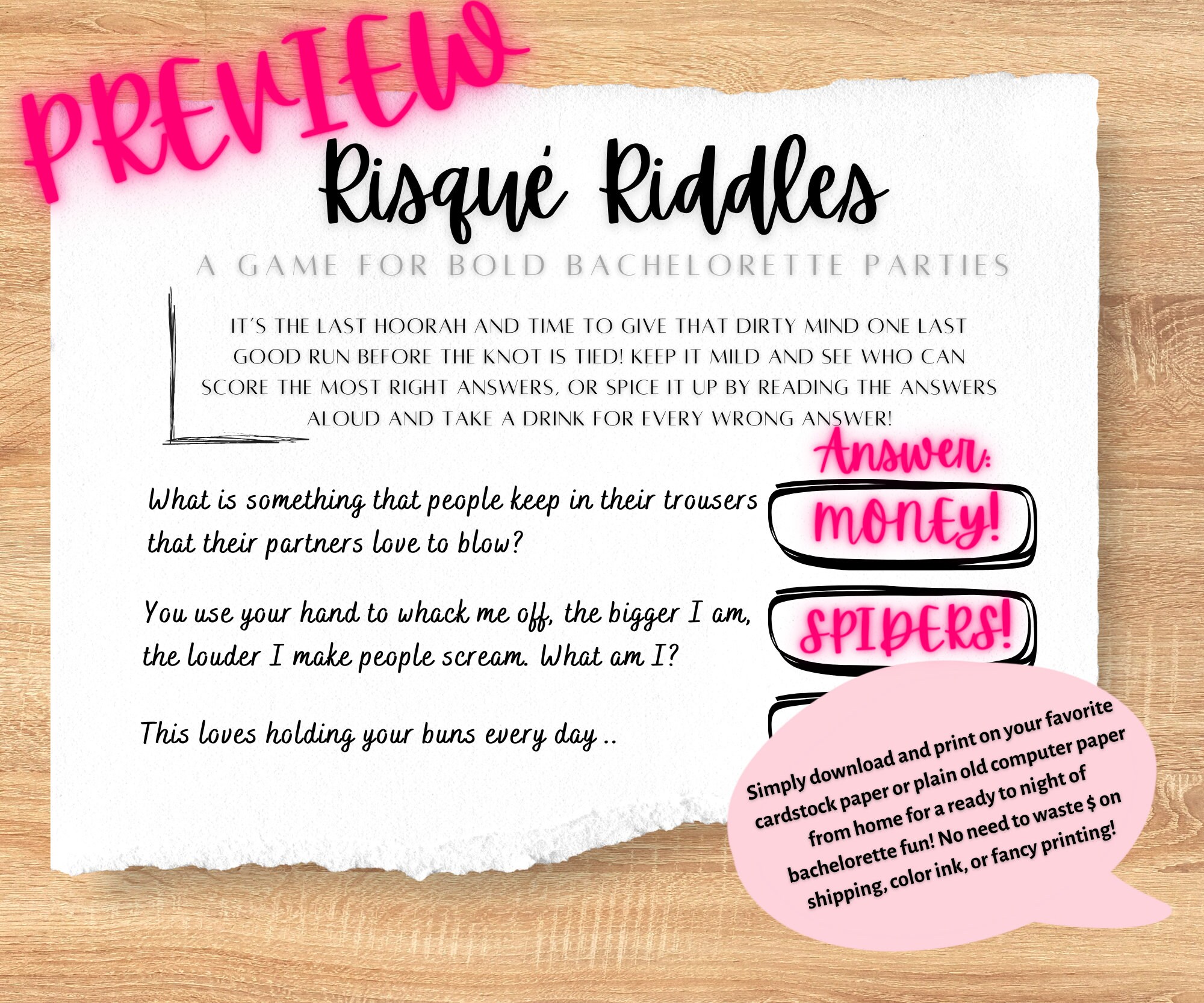 Bachelorette Game Sheets (downloadable) Drinking Game Risque Riddles ...