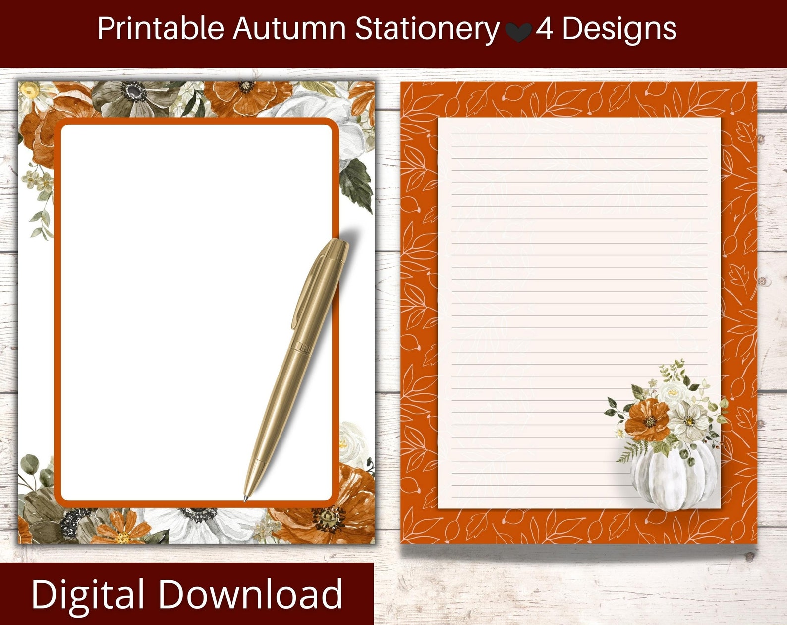 Rustic Fall Printable Stationery Set of 4-instant Digital Download ...