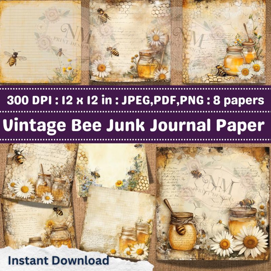 Vintage Honey Bee Digital Paper: Junk Journal Ephemera (PDF, JPEG, PNG ...