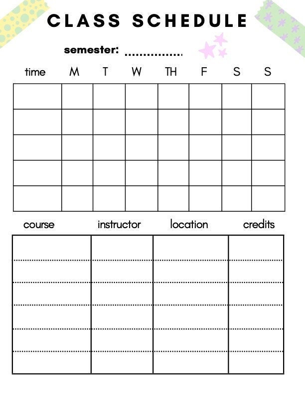 Class Schedule Printable, Semester Course Schedule, Instant Download ...