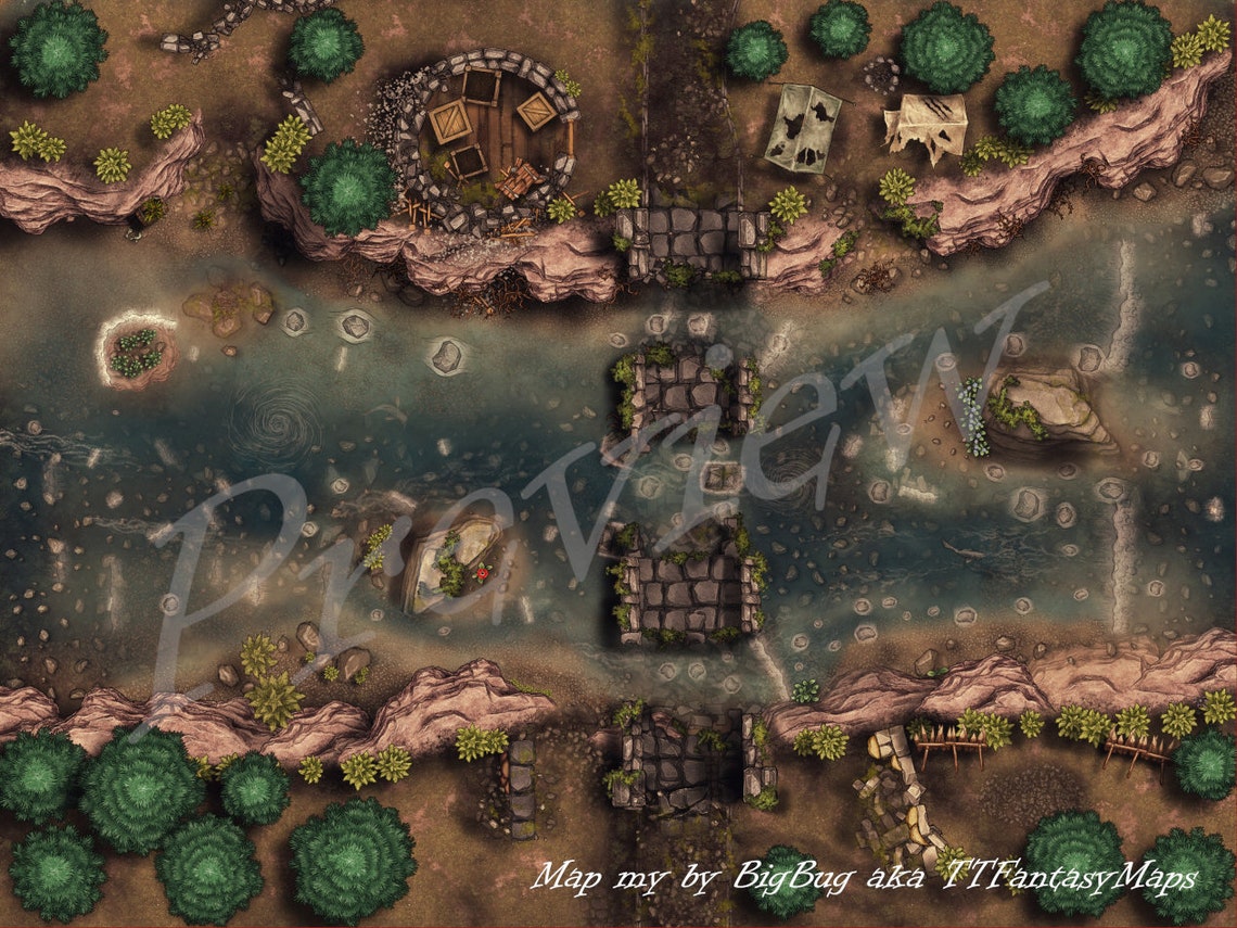 River Battle Map, Dnd Battle Map, Destroyed Bridge, D&D, Battlemap ...