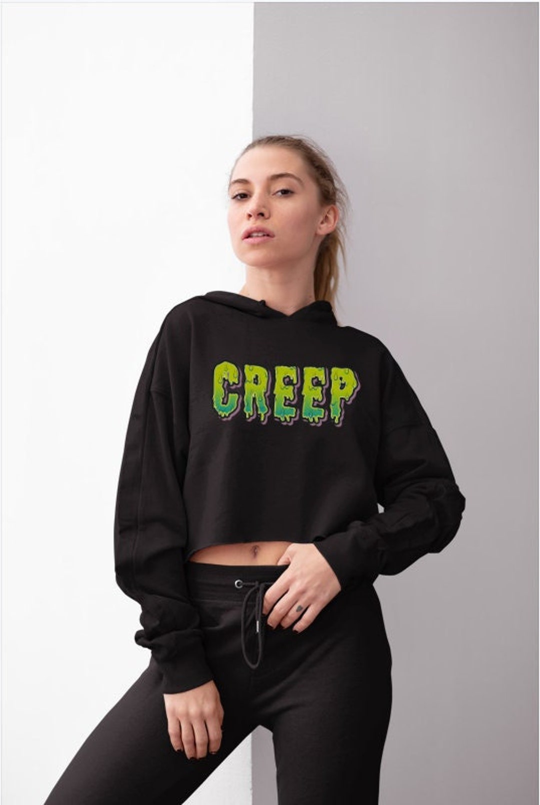 Creep Crop Top Hoodie, Creepy Halloween Sweatshirt, Grunge Style, Slime ...