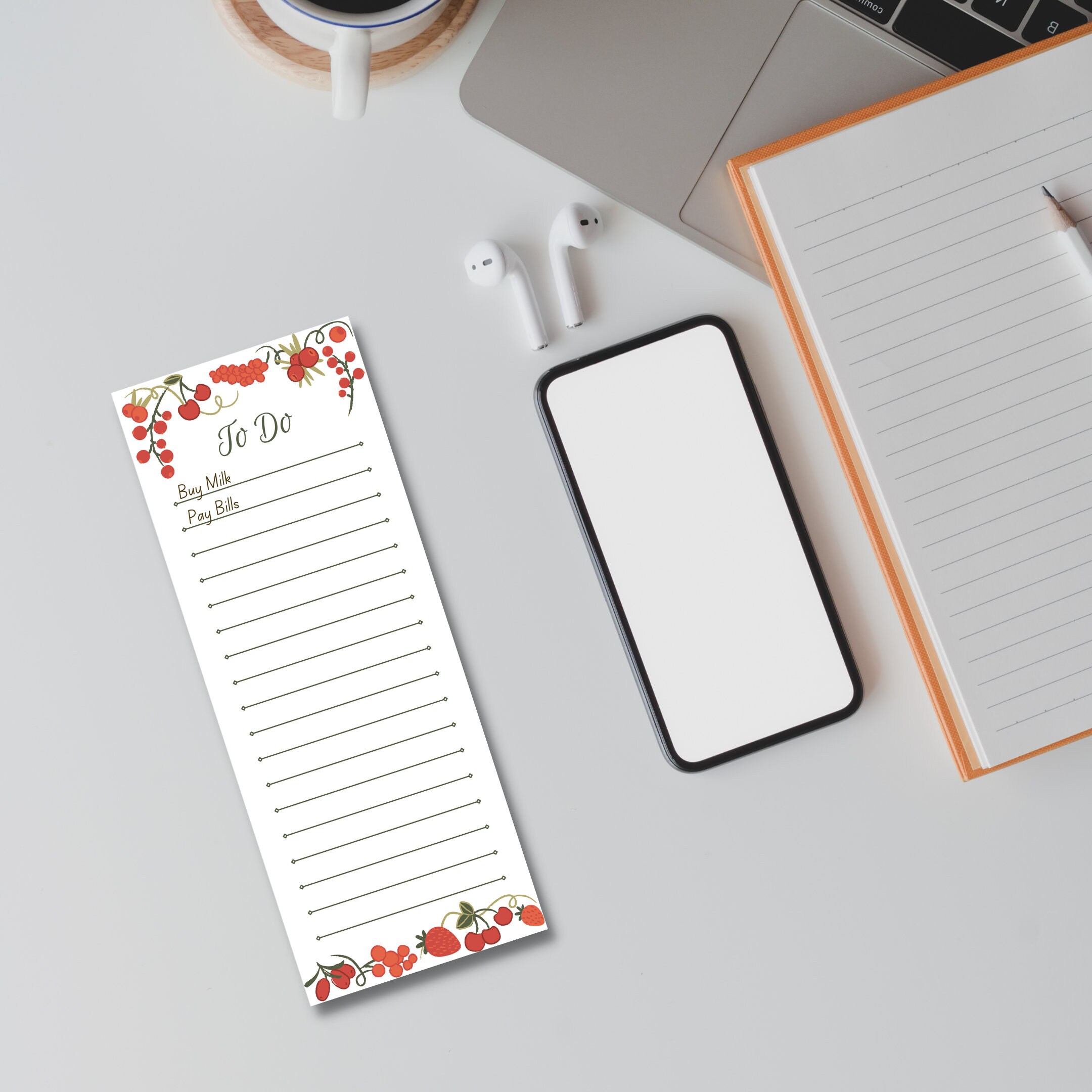 Watercolor Flowered to Do List, Red Flowers and Fruit, Digital Download ...