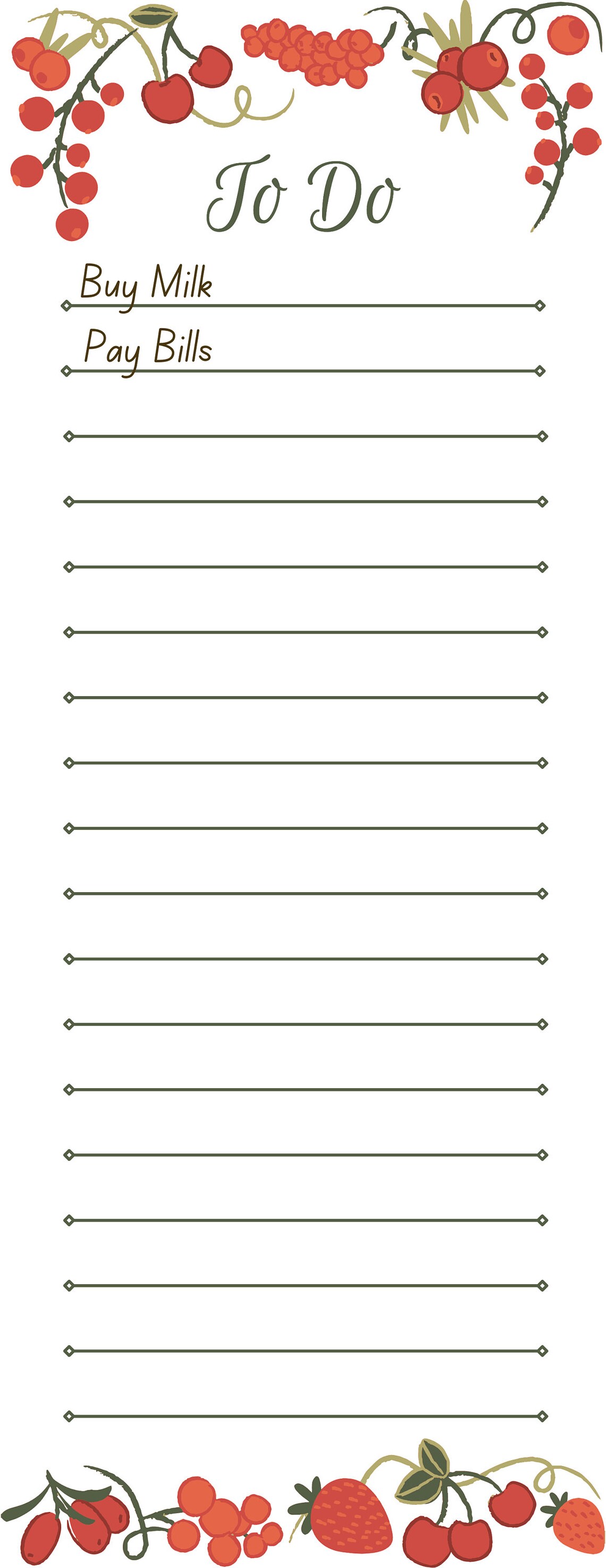 Watercolor Flowered to Do List, Red Flowers and Fruit, Digital Download ...