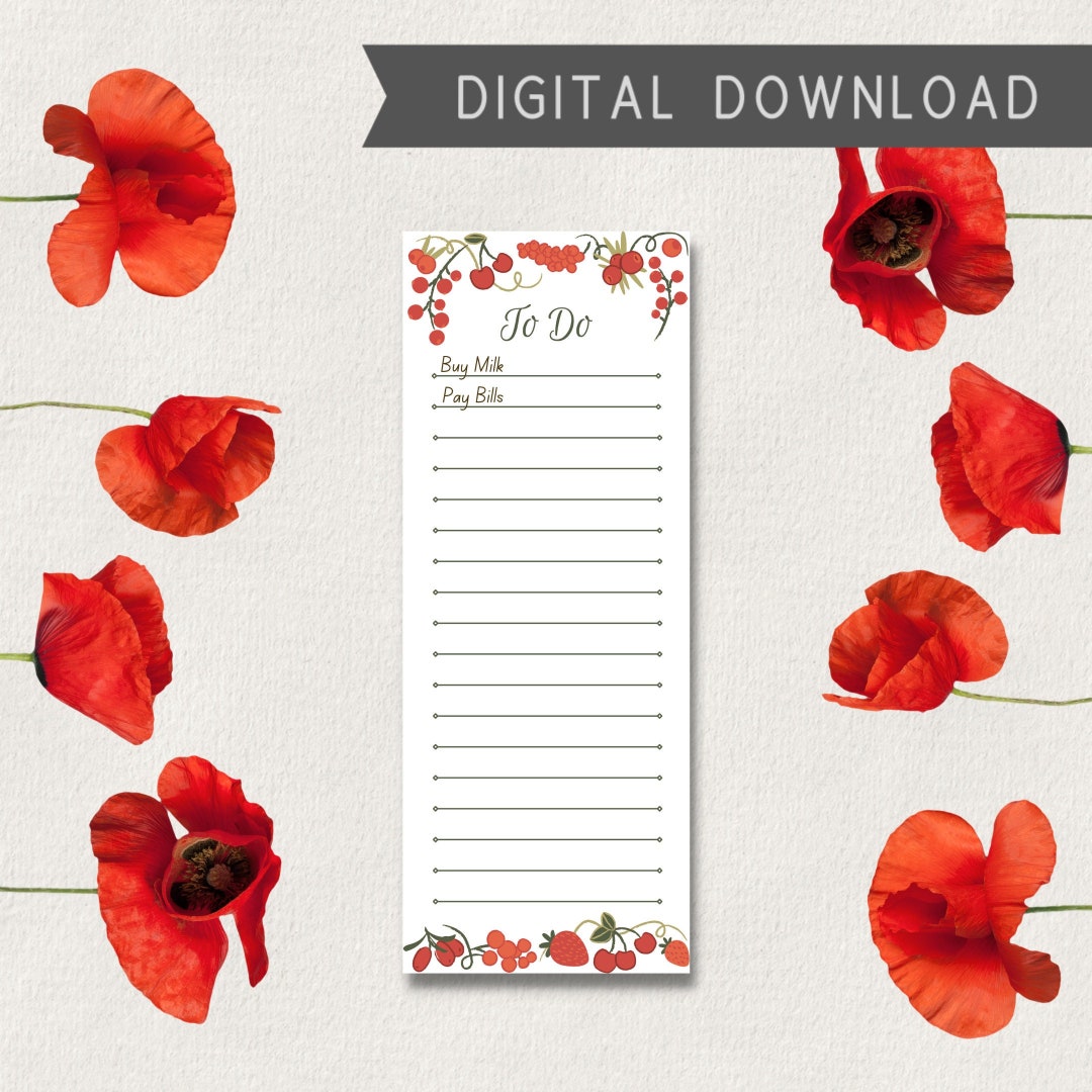 Watercolor Flowered to Do List, Red Flowers and Fruit, Digital Download ...