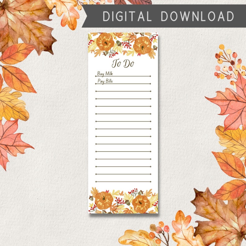 Fall Themed to Do List, Pumpkin and Leaves, Digital Download, Printable ...
