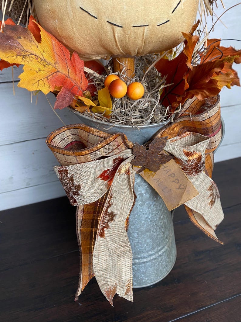 Rustic Farmhouse Scarecrow Head in Aluminum Pitcher - Fall Decor Table ...