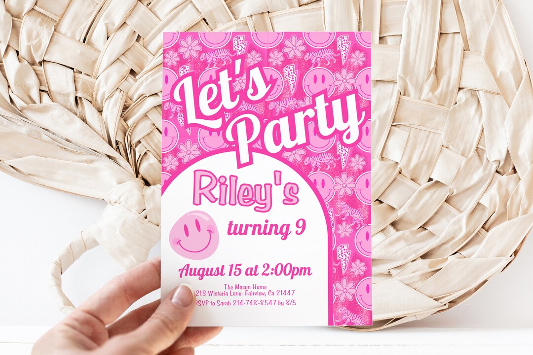 Editable Hot Pink Preppy Smile Leopard Lightning Collage Let's Party ...