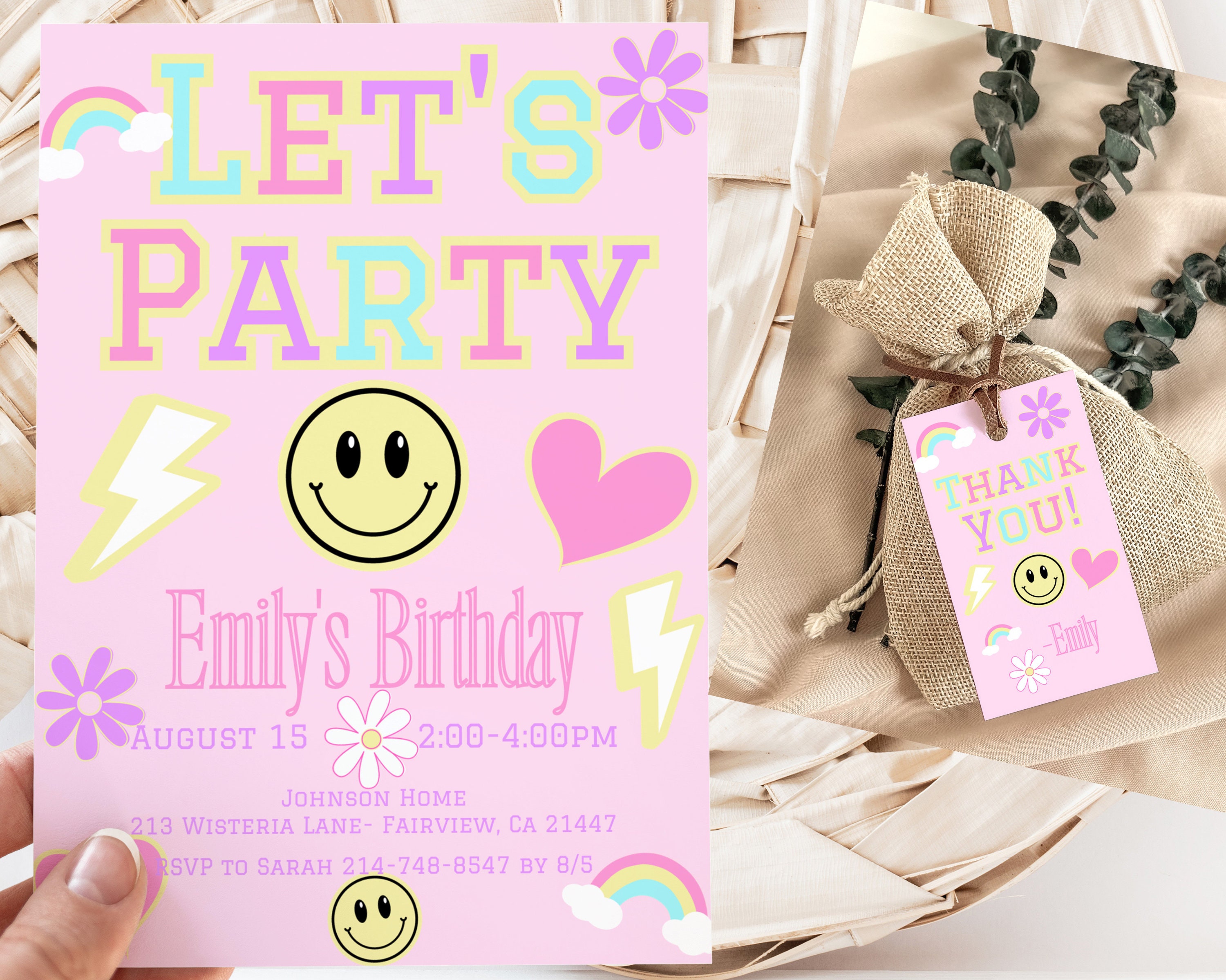 Editable Let's Party Preppy Patches Birthday Invitation Template and ...