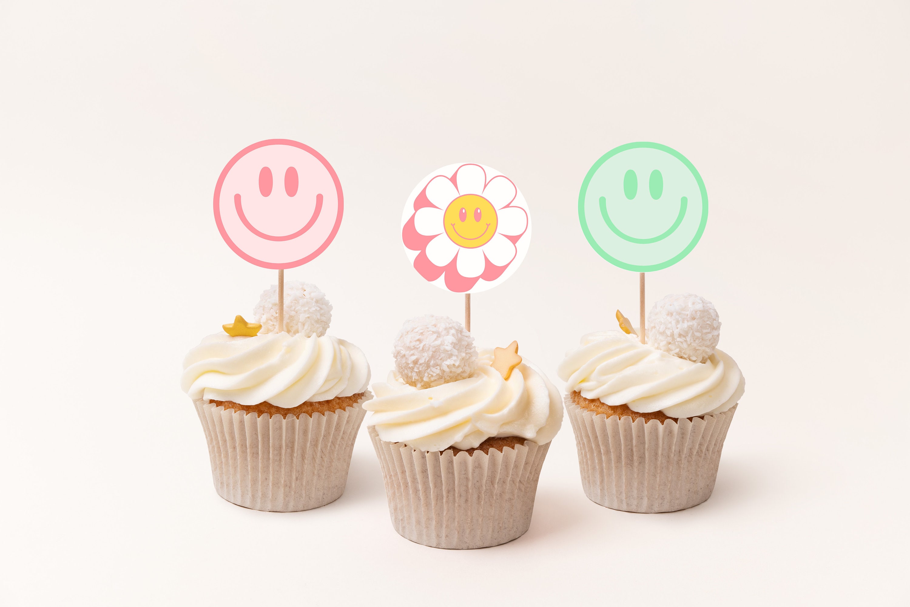 Retro Daisy Smile Face Cupcake Toppers Template, Pink and Teal Smile ...