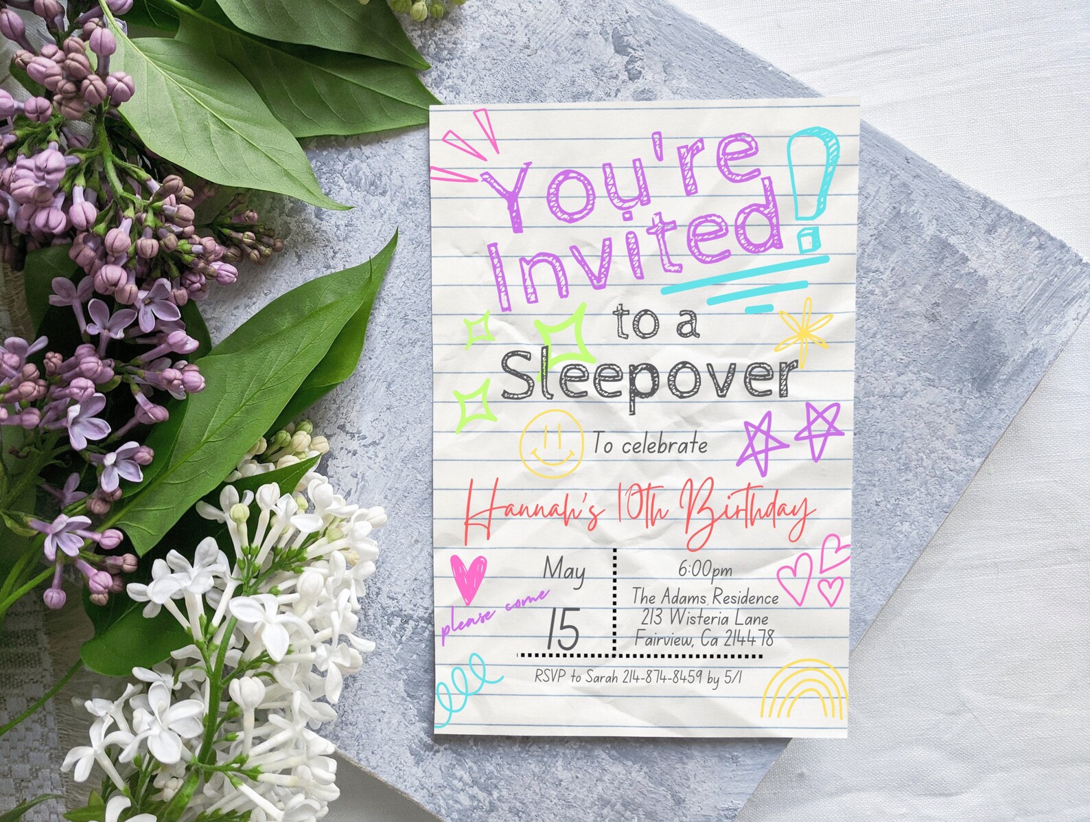 Editable Doodle Sleepover Invitation Template, Notebook Paper Sketch ...