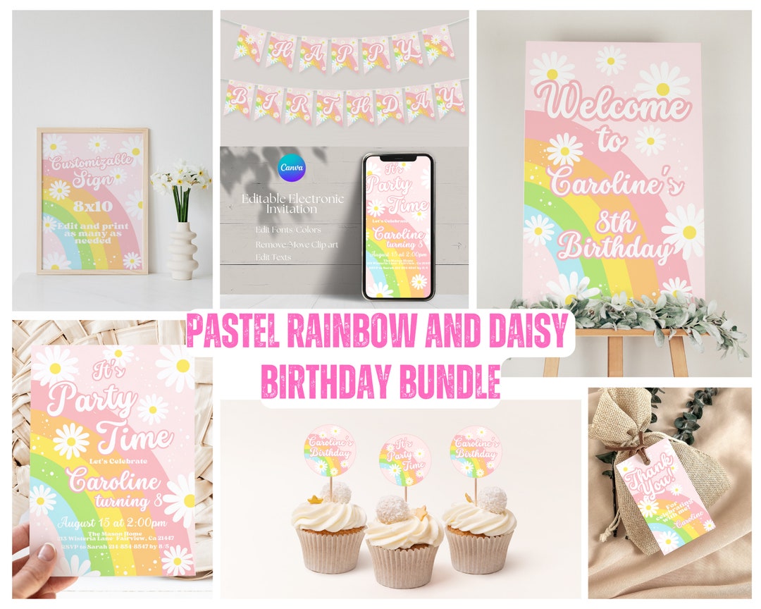 Editable Pastel Rainbow and Daisy Birthday Party Pack Bundle, Boho ...