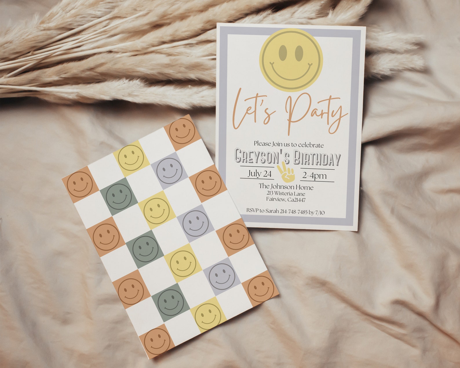 Editable Neutral Let's Party Smile Face Birthday Invitation Template ...