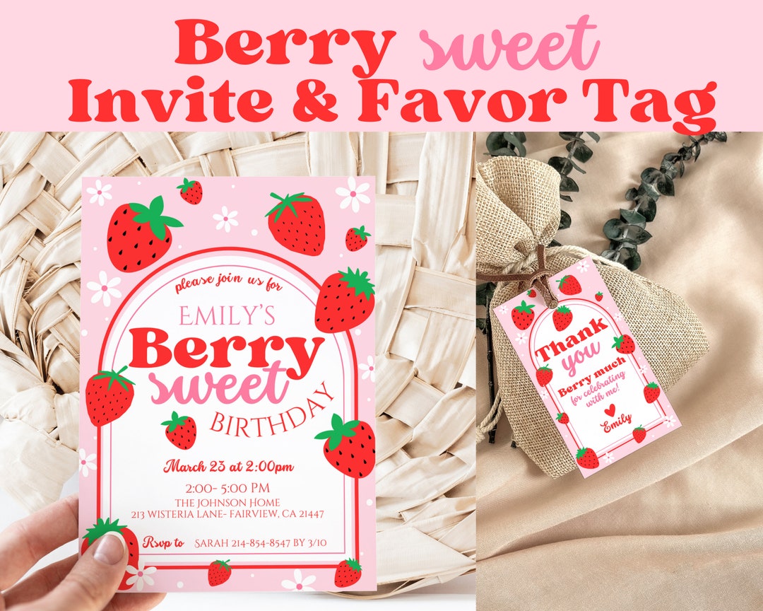 Editable Berry Sweet Birthday Invitation and Favor Tag, Strawberry ...
