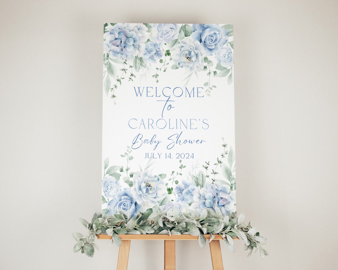 Editable Blue Floral Welcome Sign, Blue Hydrangea and Roses, 18x24 and ...