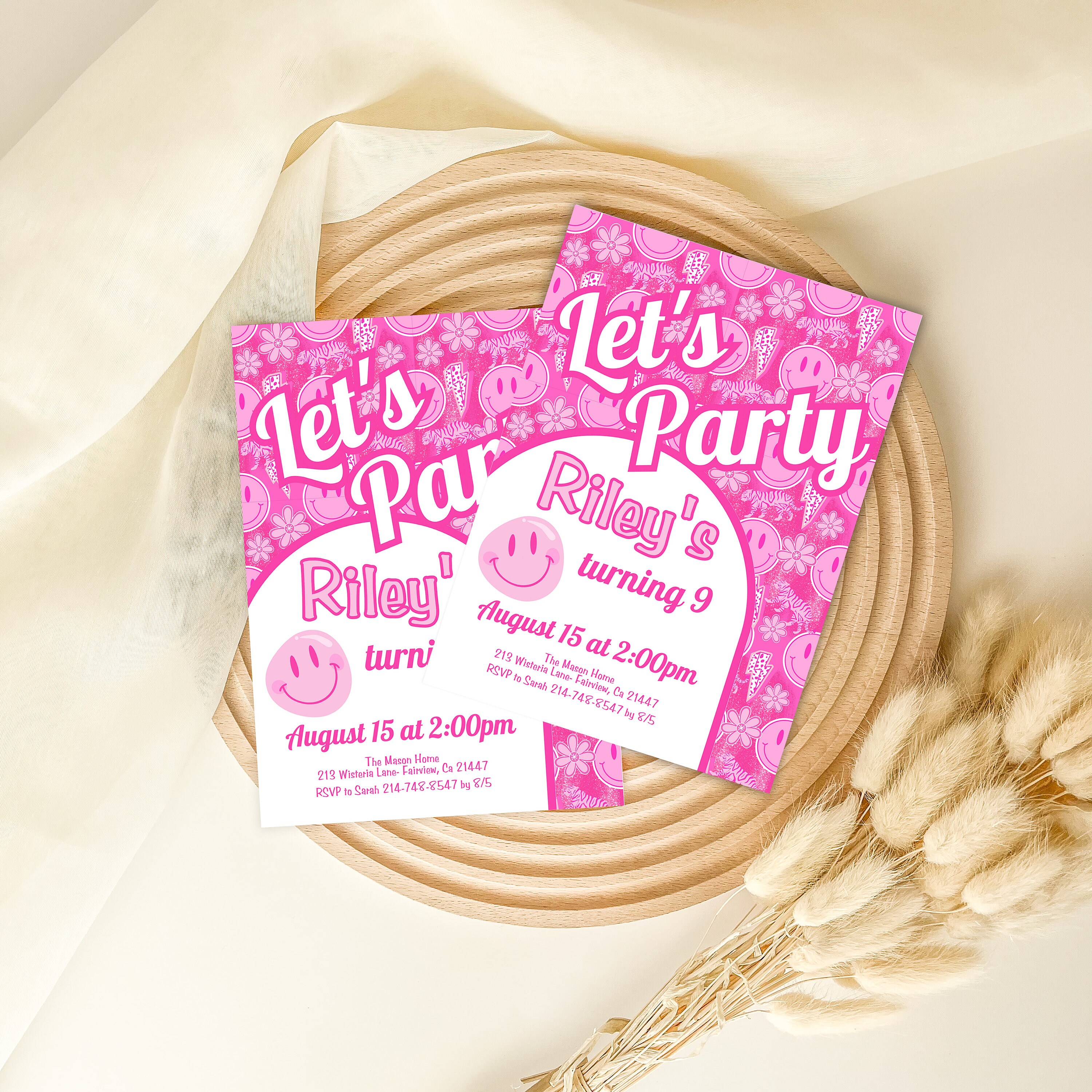 Editable Hot Pink Preppy Smile Leopard Lightning Collage Let's Party ...