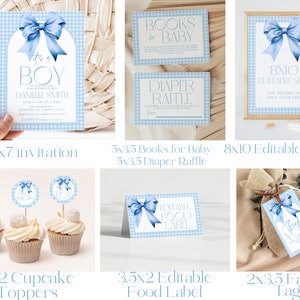 Editable Blue Gingham Baby Shower Essential Bundle Templates, Blue Bow ...