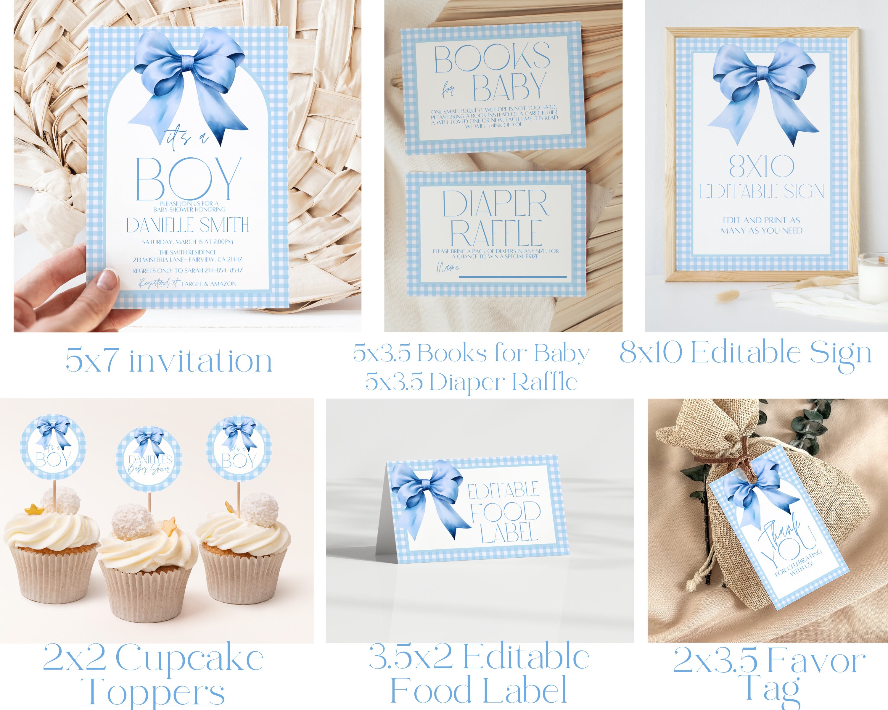 Editable Blue Gingham Baby Shower Essential Bundle Templates, Blue Bow ...