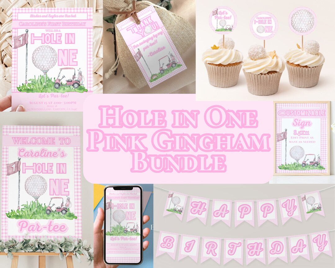 Editable Pink Gingham Hole in One Girl's First Birthday Golf Party Pack ...