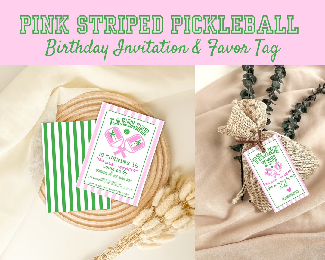 Editable Pink and Green Preppy Girl's Pickleball Birthday Invitation ...