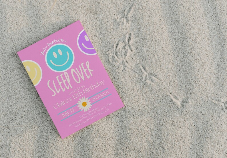 Editable Smile Face Hot Pink Sleepover Invitation Template - Etsy