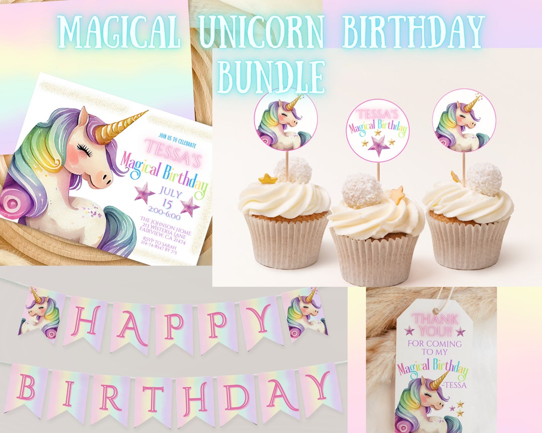 Editable Magical Unicorn Birthday Party Bundle, Rainbow Unicorn ...