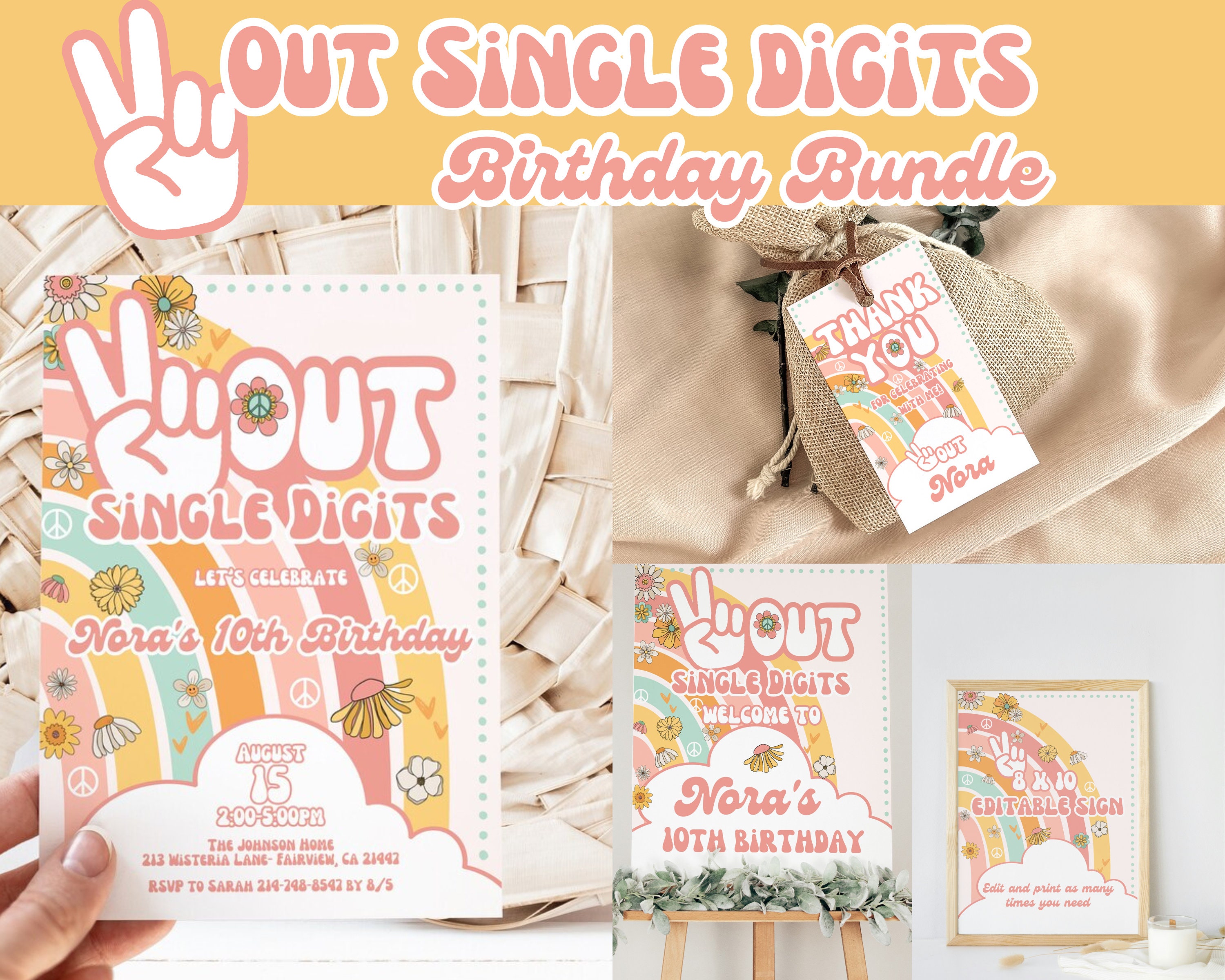 Editable Retro Groovy Peace Out Single Digits Birthday Bundle, Vintage ...
