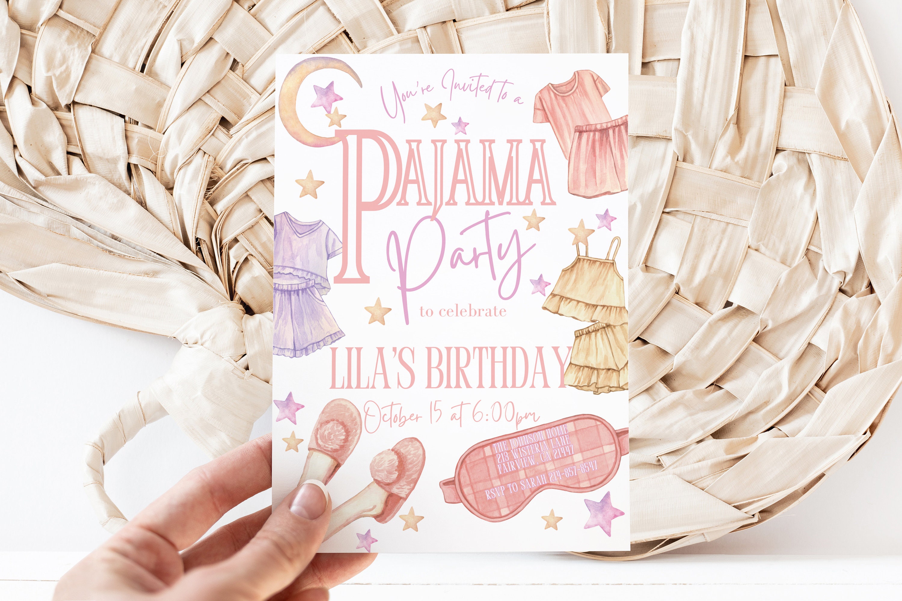 Editable Pajama Party Birthday Invitation Template, Pink Girly ...