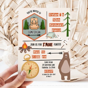 Editable Boy's Camping Birthday Party Invitation Template, Camp Outdoor ...