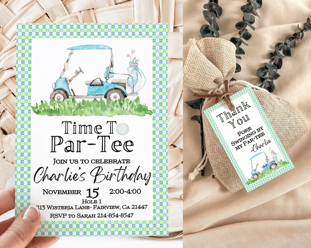 Editable Time to Par-tee Golf Cart Birthday Invitation Template, Blue ...