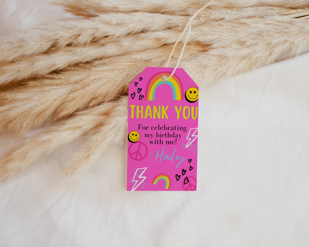 Editable Retro Girl's Rainbow Smile Birthday Favor Tag, Hot Pink Favor ...