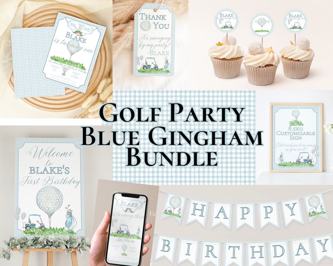Editable Blue Gingham Boy's Golfing Birthday Bundle Templates, Preppy ...