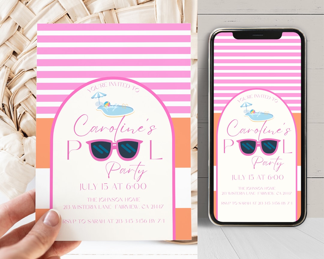 Editable Pink and Coral Striped Minimal Pool Party Invitation Template ...