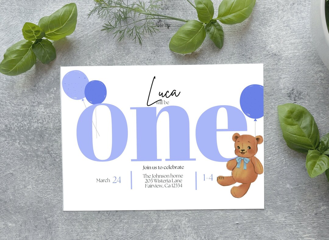 First Birthday Boy Invitation, One Birthday, Teddy Bear Invite, Instant ...