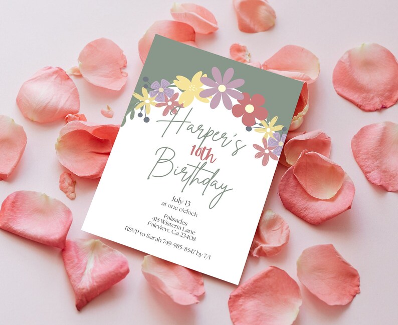 Flower Birthday Paty Invitation, Girl Flower Birthday Invite, Floral ...