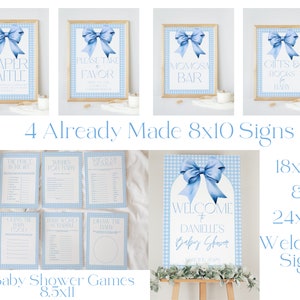 Editable Blue Gingham Baby Shower Essential Bundle Templates, Blue Bow ...
