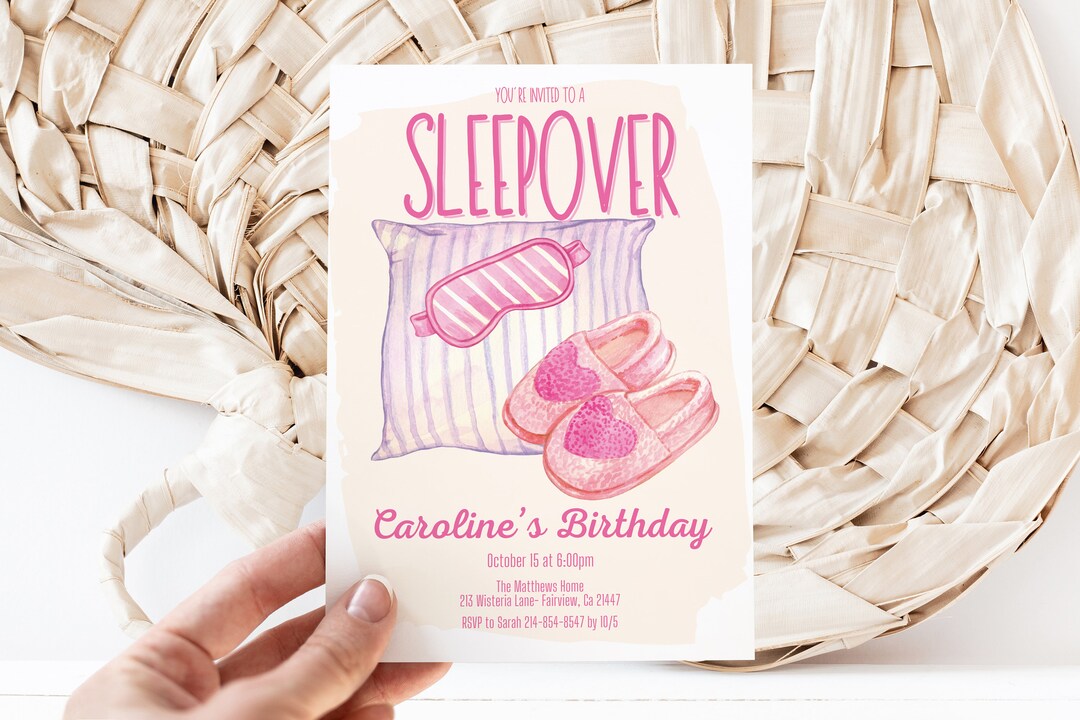 Editable Sleepover Invitation, Girl's Slumber Party, Preppy Pink Heart ...