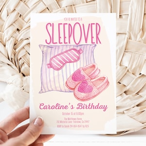 Editable Sleepover Invitation, Girl's Slumber Party, Preppy Pink Heart ...