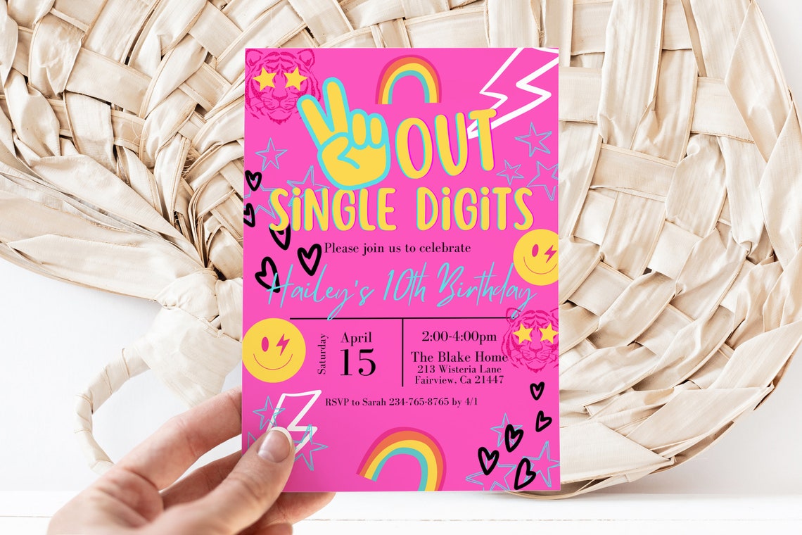 Editable Hot Pink Preppy Peace Out Single Digits Birthday Invitation ...