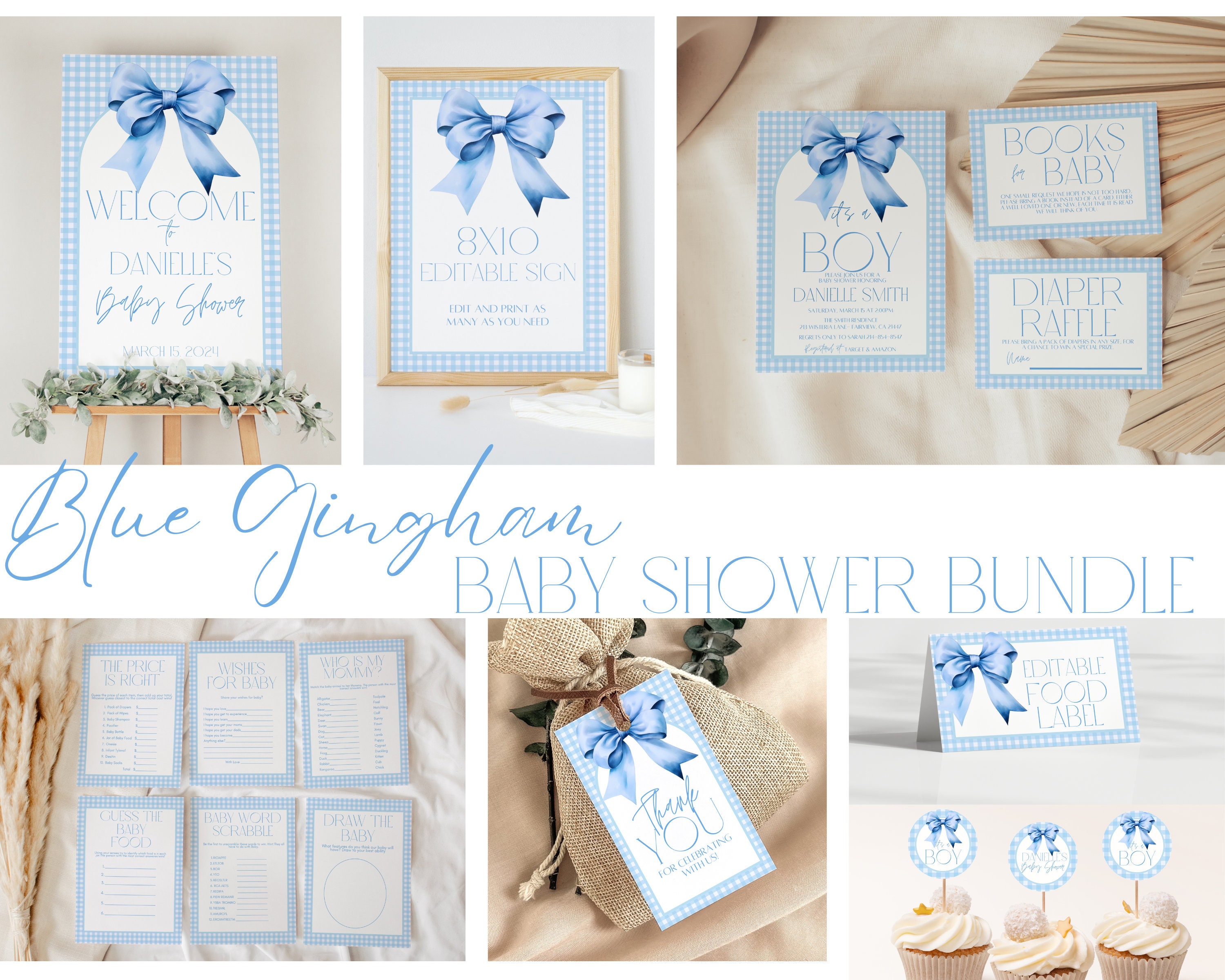 Editable Blue Gingham Baby Shower Essential Bundle Templates, Blue Bow ...