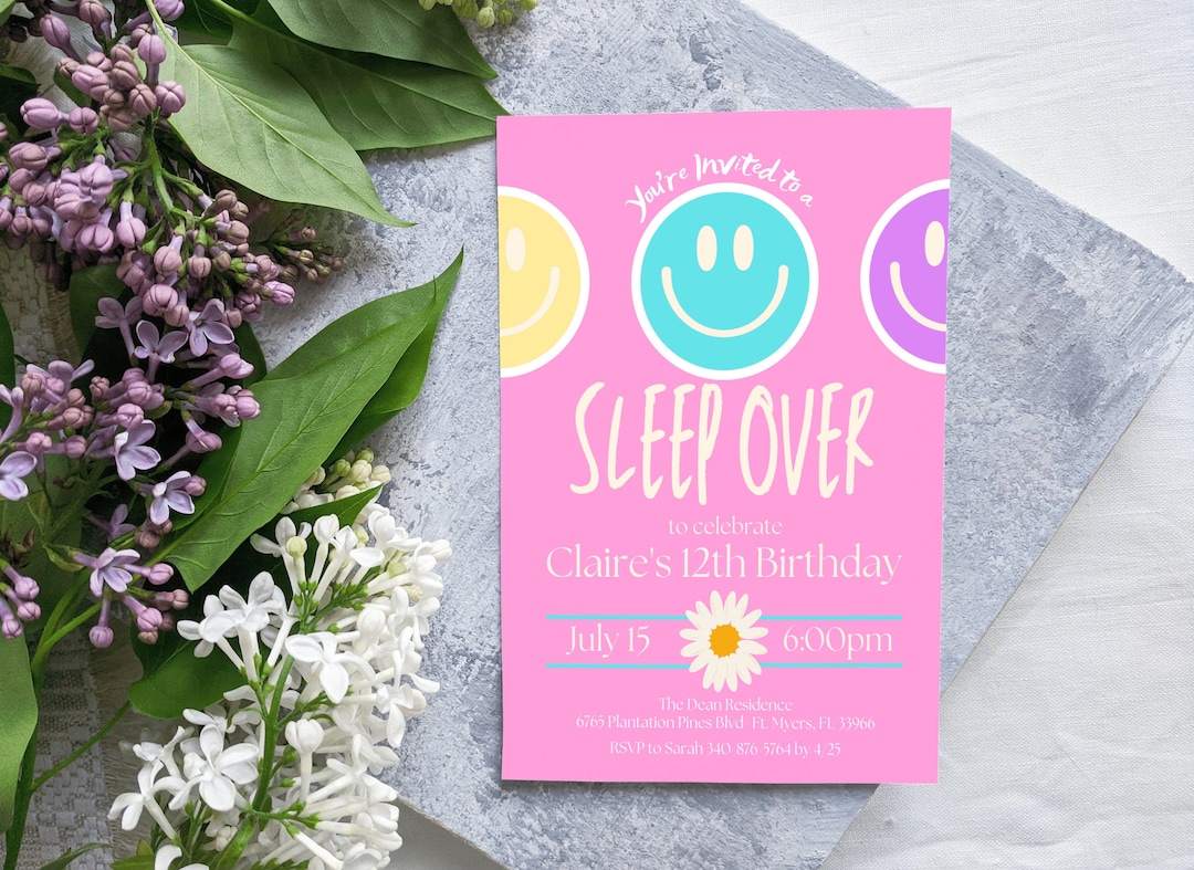 Editable Smile Face Hot Pink Sleepover Invitation Template, Sleepover ...