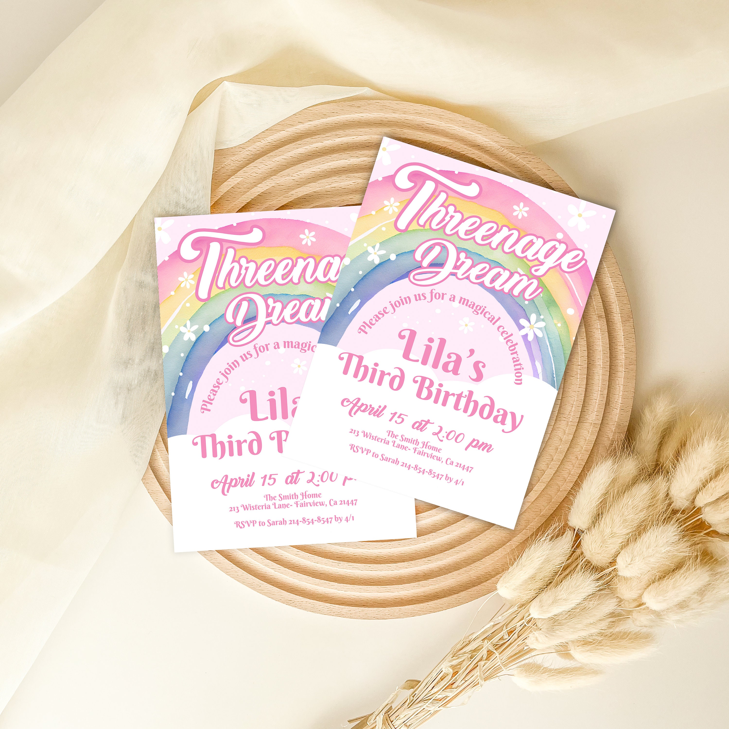 Editable Threenage Dream Birthday Invitation Template, Rainbow and ...