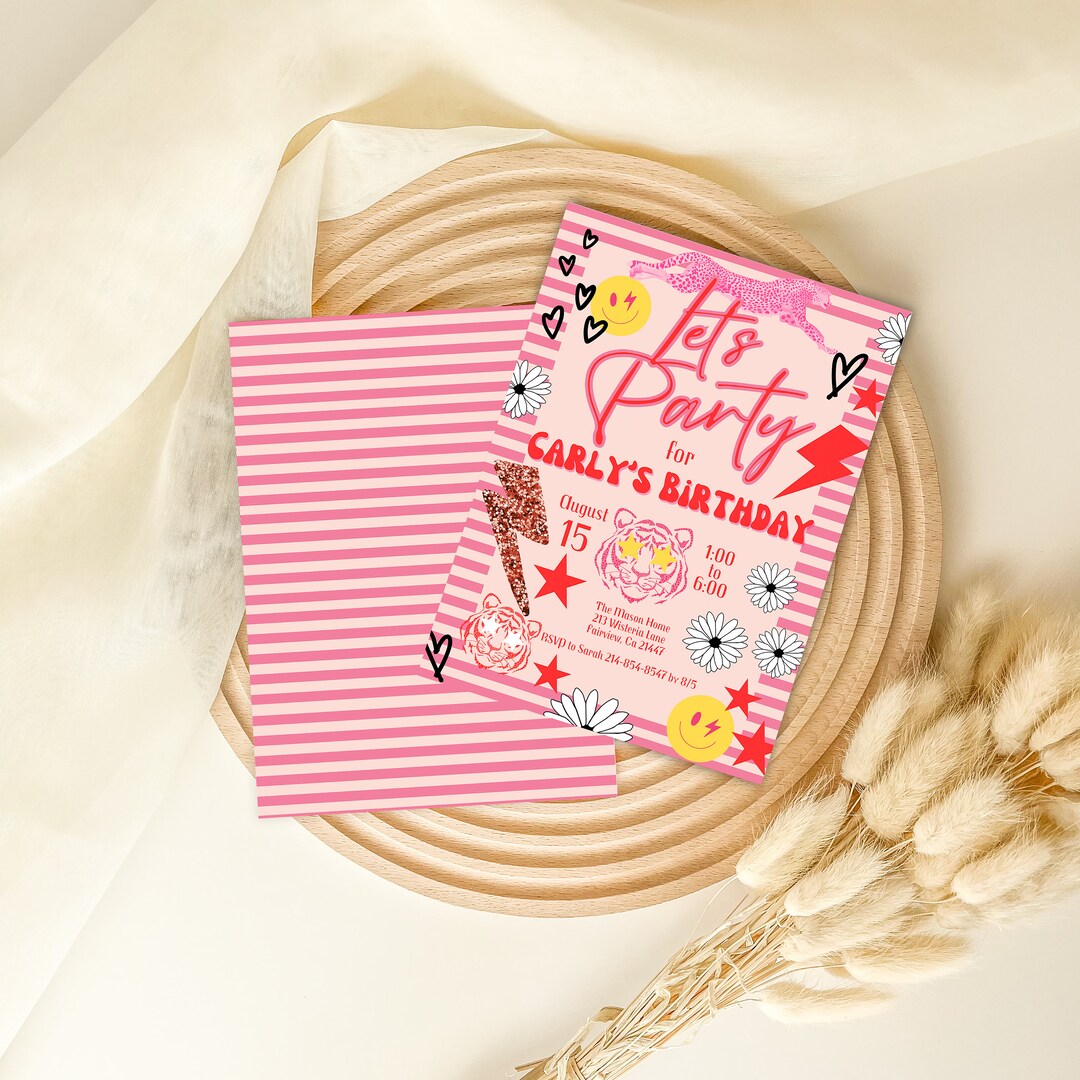 Editable Pink Preppy Girly Let's Party Birthday Invitation, Trendy ...