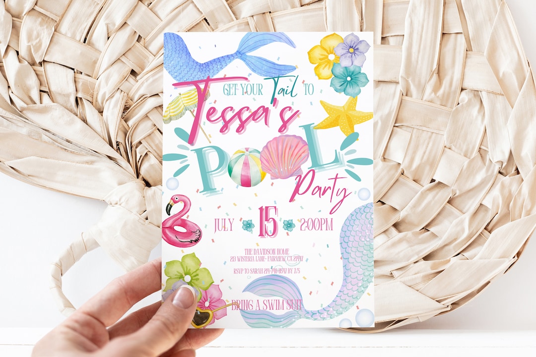 Editable Mermaid Pool Party Invitation Template, Mermaid Tail Summer ...