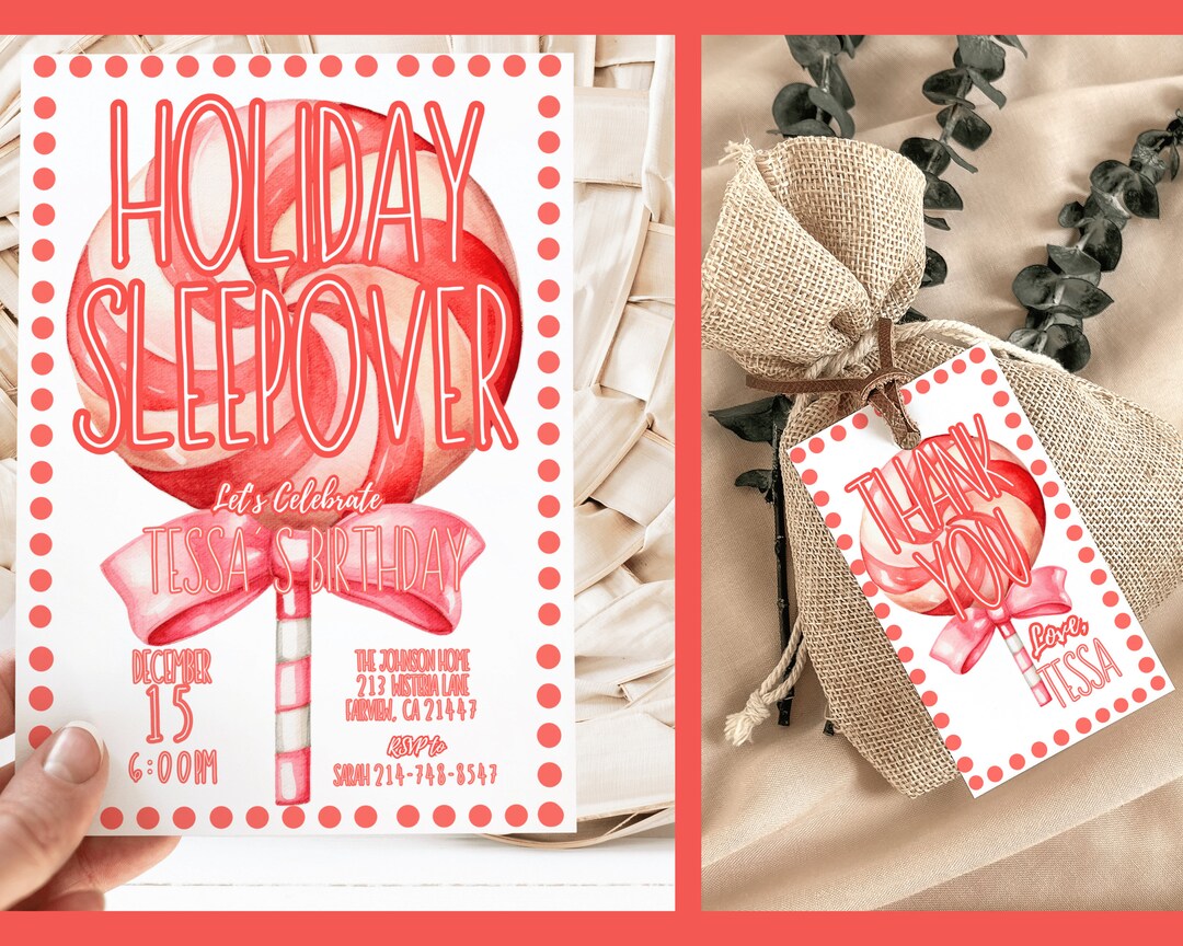 Editable Holiday Sleepover Candy Cane Lollipop Birthday Invitation and ...
