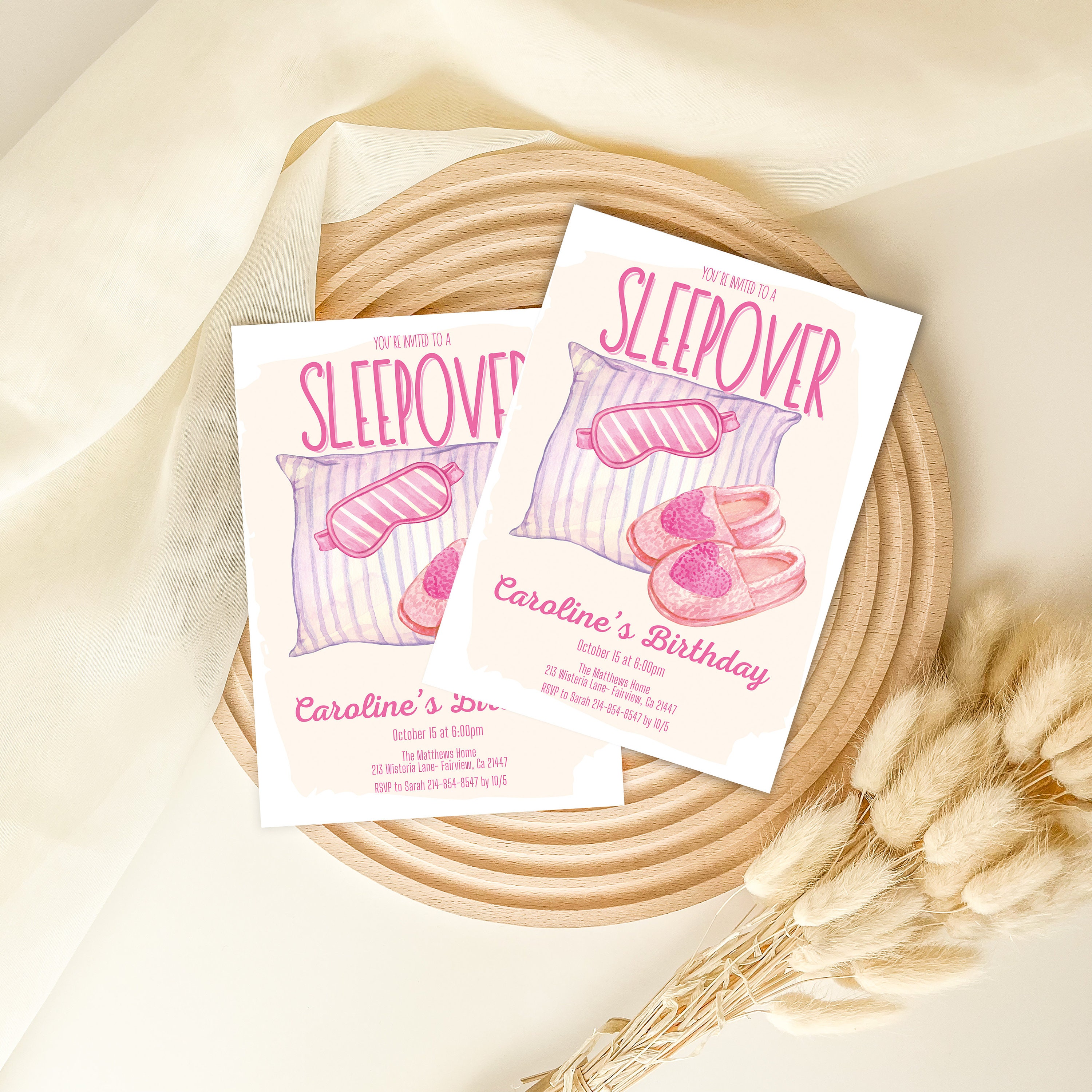 Editable Sleepover Invitation, Girl's Slumber Party, Preppy Pink Heart ...