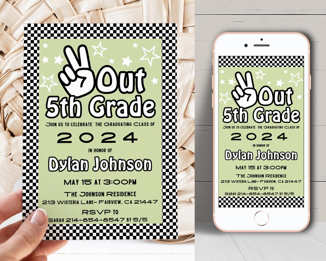 Editable Peace Out 5th Grade Graduation Party Invitation Template ...