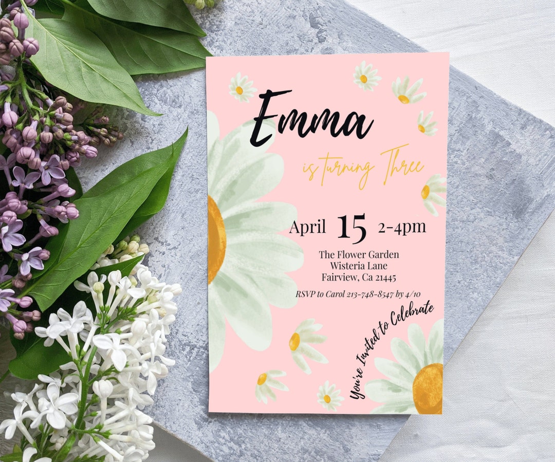 Editable Light Pink Daisy Invitation Template, Floral Girls Invite ...