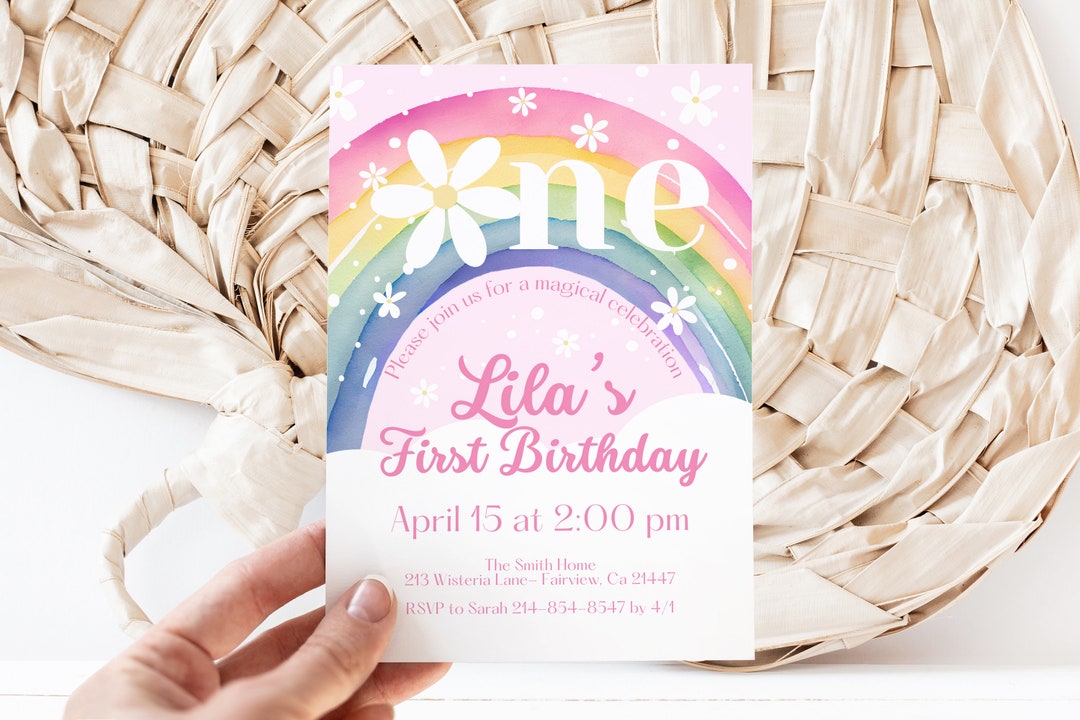 Editable Rainbow Daisy First Birthday Invitation Template, ONE Magical ...