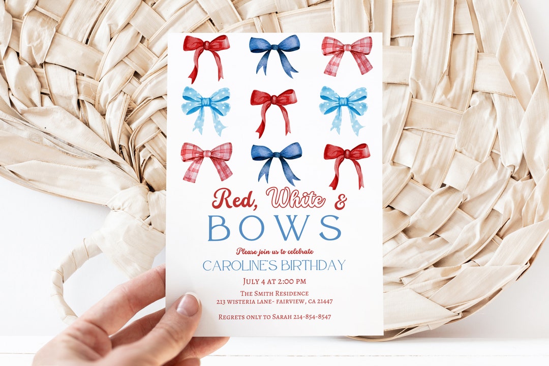 Red, White and Bows Patriotic Girl's Birthday Party Invitation Template ...